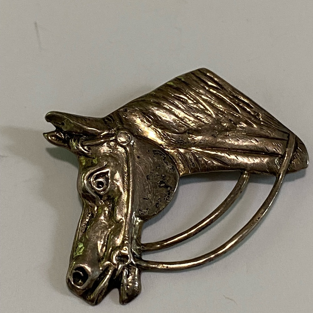 Vintage Silver Horse Head Brooch Equestrian - Gem